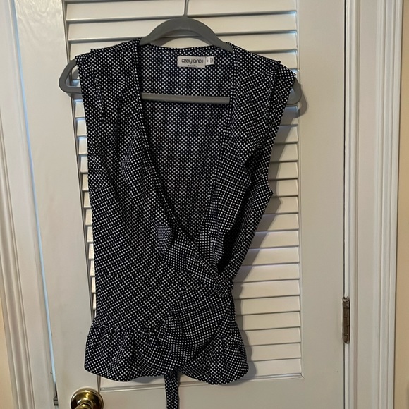Tops | Navy Blue Polka Dot Wrap Top Ruffle Details | Poshmark